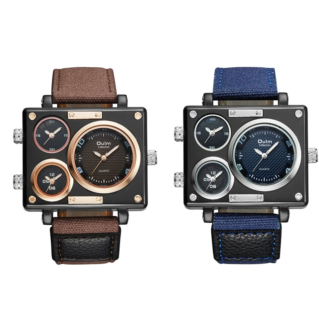 MEN'S MILITARY THREE Time Zones Square Big Dial Leather Strap Quartz ...