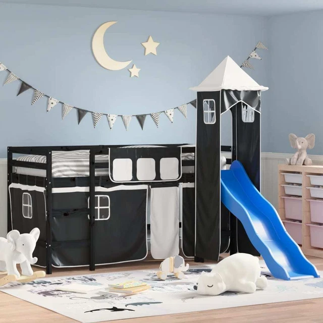 1614564 LETTO A Soppalco con Torre Bambini Bianco e Nero 90x200cm Pino ...