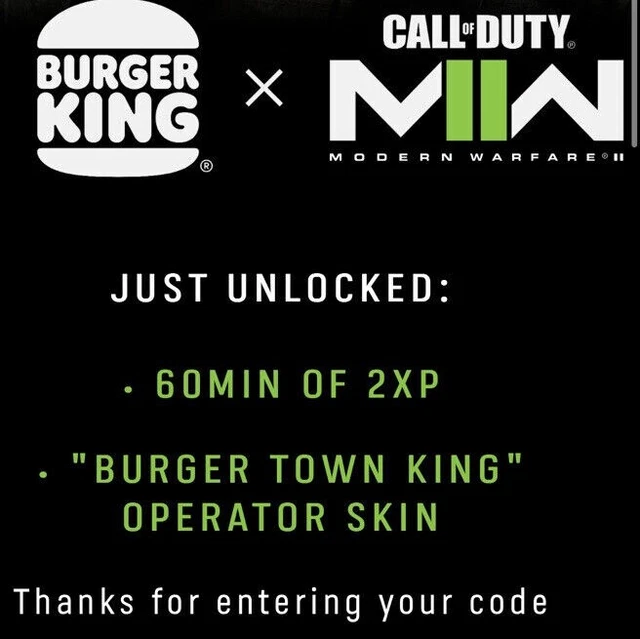 COD MODERN WARFARE 2 And MW3 Burger King Town Skin + 1 Hour 2XP GLOBAL ...
