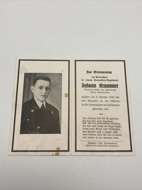 WW2 GERMAN DEATH Card Army Grenadier KIA 02/10/1942 Eastern Front £8.50 ...