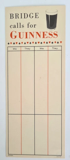 GUINNESS BRIDGE SCORE Card GA2031, c1960s £6.44 - PicClick UK