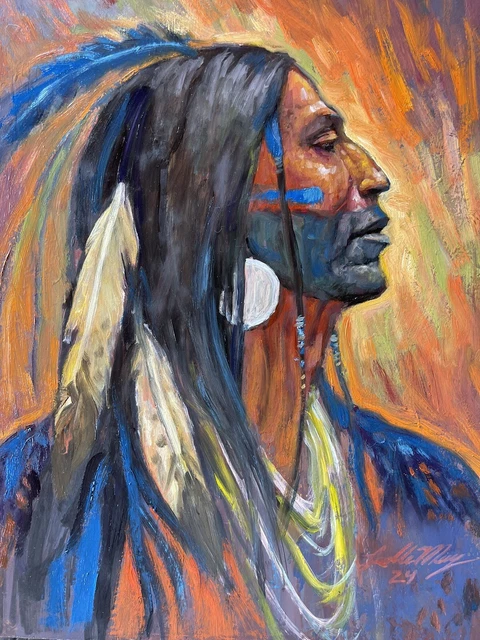 ORIGINAL OIL PAINTING Native American Indian Lakota Warrior WESTERN ART ...