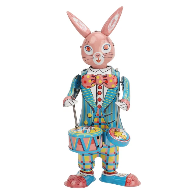 RABBIT CLOCKWORK TOY Retro Metal Swinging Drumming Rabbit Wind Up Toys ...