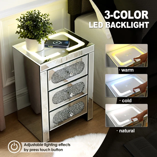 MIRRORED NIGHTSTAND END Table Wireless Charging Station LED Lights USB ...