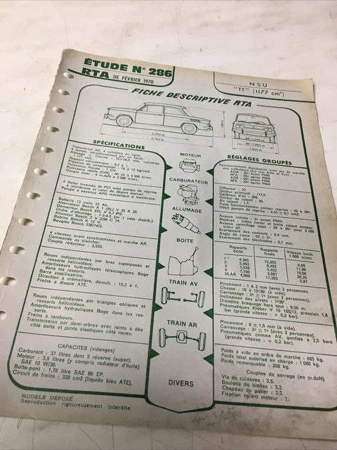 NSU TT 1177 cm3 fiche technique descriptive RTA 286 1970 automobile EUR ...