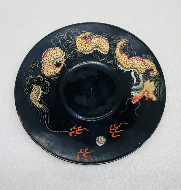 VINTAGE CHINESE FLYING Dragon Fireball Painted Coaster 5” Lacquer Art ...