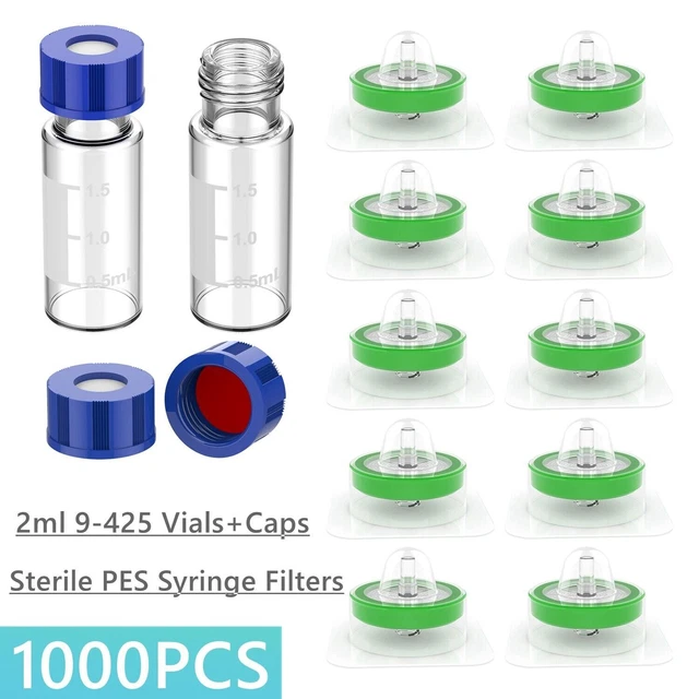 1000X 2ML HPLC Vials 9mm Screw Caps +Sterile PES 0.22μm 33mm Syringe ...