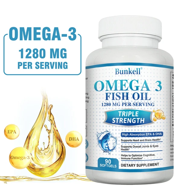 BUNKELL OMEGA 3 FISH Oil 1280MG PER SERVING triple strength immune ...