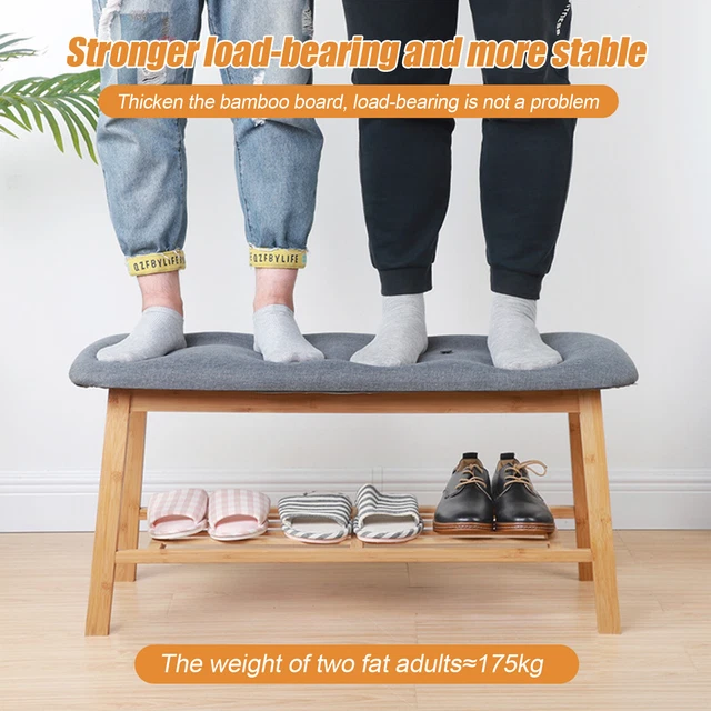 SHOE BENCH SMALL Entryway Storage Rack Natural Bamboo Cushion Seat ...