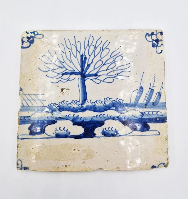 18TH CENTURY DUTCH Delft Blue & White Tile - Tree / Countryside Scene £ ...