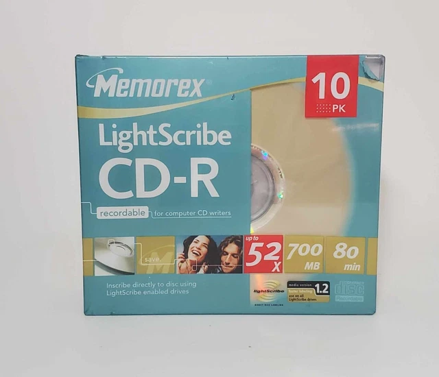 MEMOREX LIGHT SCRIBE CD-R/ 10 PACK 52X 700MB 80 MINs-NEW- Slight tear ...