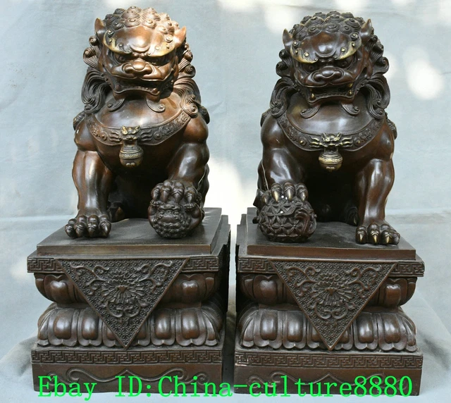 19 &VIEUX BRONZE Feng Shui Fu chien garde lion animal statue paire EUR ...