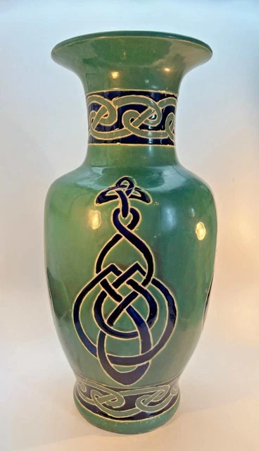 VINTAGE MAGGIE FISHER Celtic Pottery Vase 52cm Sage Green & Blue Signed MF £117.00 - PicClick UK