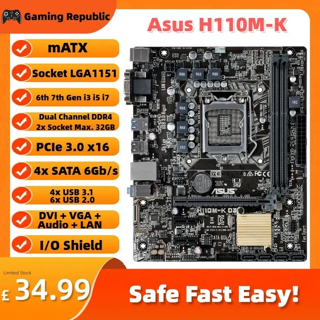 ASUS H110M-K MATX LGA 1151 Motherboard for 6th 7th Gen Intel Core™ i7 i5 i3 £34.99 - PicClick UK