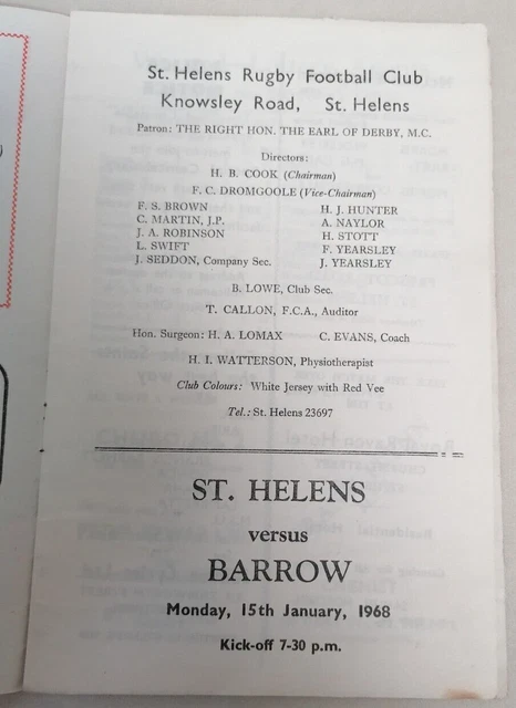 PROGRAMME - ST Helens Saints RLFC V Barrow Mon 15th Jan 1968 Knowsley ...