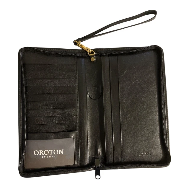 OROTON WALLET TRAVEL Organiser Zip Around 9Card 3Doc Pen Slots Wrist ...