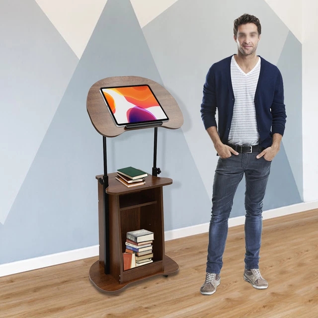HEIGHT ADJUSTABLE PORTABLE Wood Podium Stand Wheeled Lectern with ...