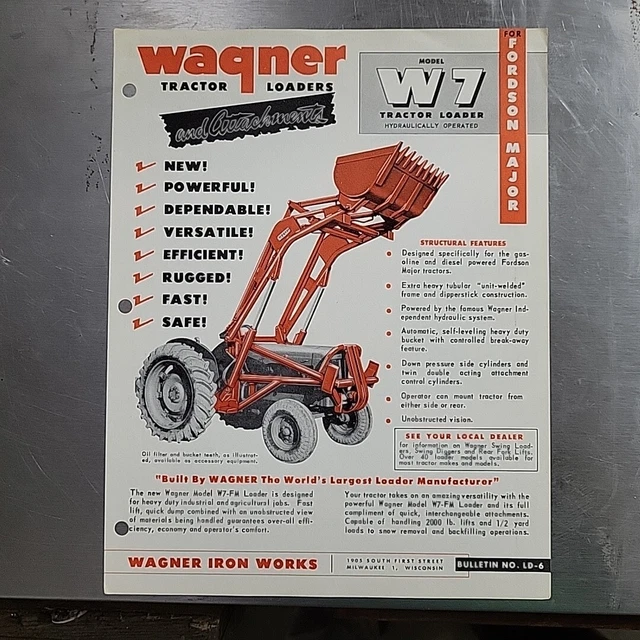 1950S WAGNER W7 Tractor Loader For Fordson Major Tractors Brochure £8. ...
