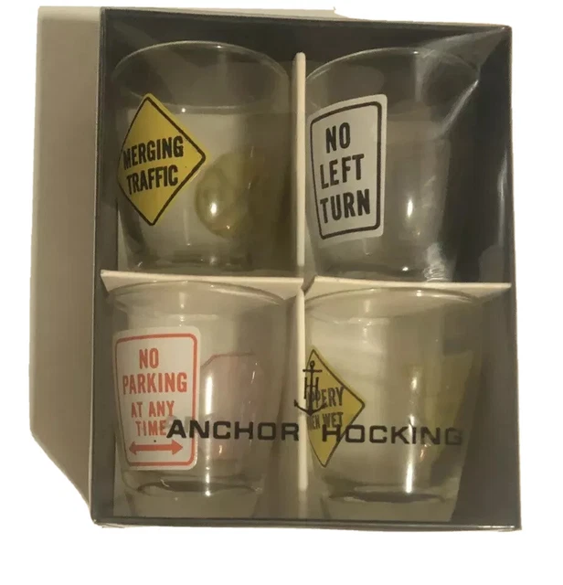 ANCHOR HOCKING SHOT Glass Set Road Signs Glass Vintage New In Box £11. ...