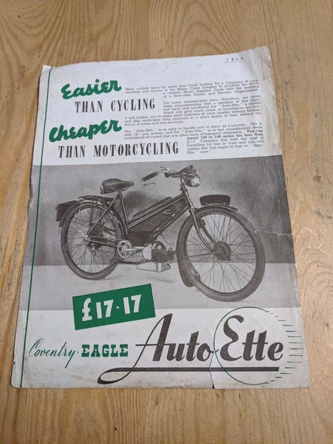 ORIGINAL 1939 EAGLE AUTO ETTE POWER CYCLE FLYER two sided COVENTRY £16. ...