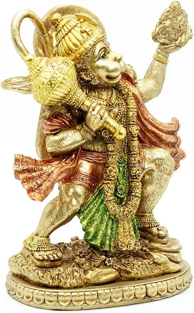 HINDU GOD FLYING Hanuman Statue Indian Lord Gold Finish Idol Murti ...