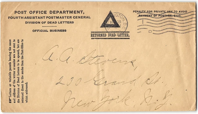 WASHINGTON DC TO NY NY, Division of Dead Letters, Dead Letter triangle ...