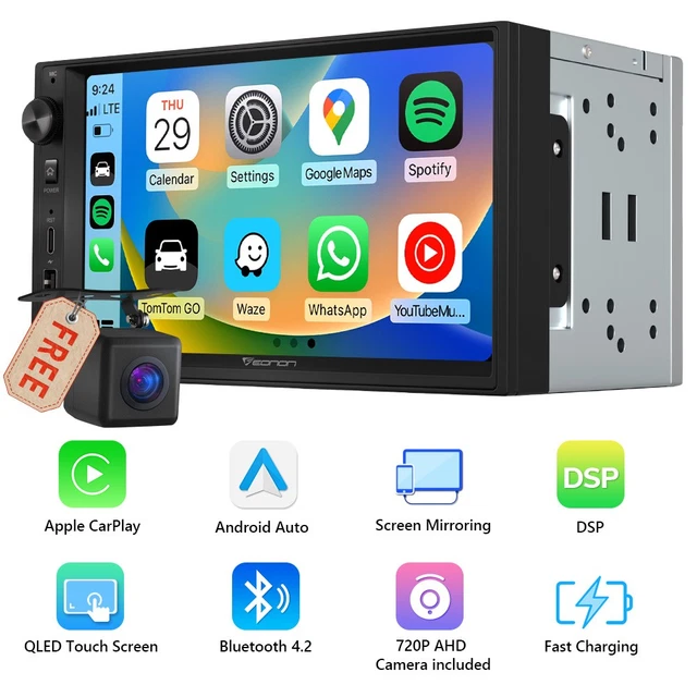 CAM+7& QLED TOUCH Screen Double Din Car Stereo CarPlay Android Auto FM ...
