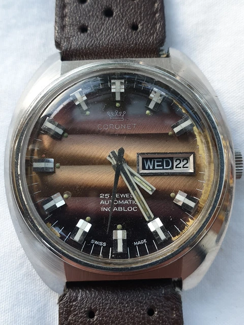 CORONET SWISS VINTAGE Automatic 25 Jewel ETA 2789 Day Date Steel Watch ...