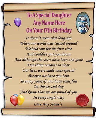 PERSONALISED PHOTO & Name Daughter 17th Birthday Poem Laminated 10x8 ...