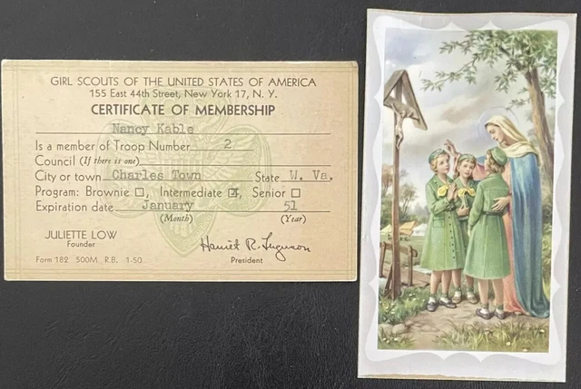 VINTAGE INTERMEDIATE GIRL Scout DRESS-TIE-HAT-PINS-ID CARD-RELIGIOUS ...