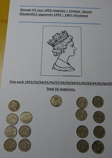 RARE GEORGE V1 1952 Sixpence + 15 QE11 sixpences dated 1953 - 1967 ...