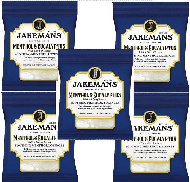JAKEMANS EUCALYPTUS MENTHOL Lozenges - 5 x 73g Bags Sore Throat Relief ...
