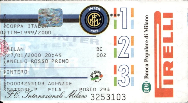 BIGLIETTO STADIO COPPA Italia Milan vs Inter 27/01/2000 Anello Rosso ...