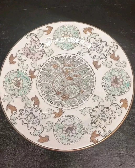 ANTIQUE FAMILLE VERTE Chinese Porcelain Plate Dragon Pattern Bronze ...
