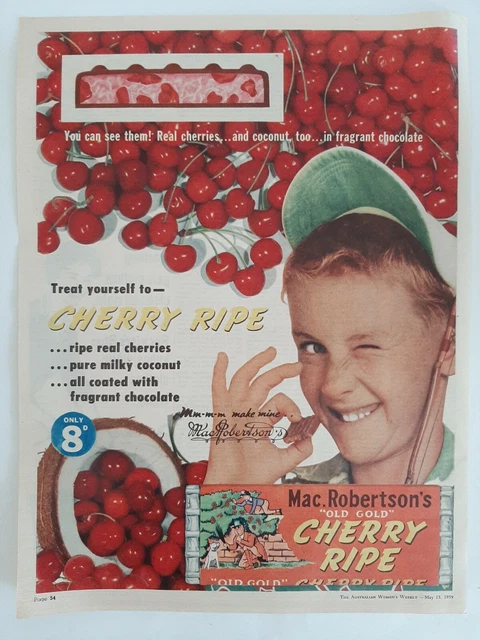 VINTAGE AUSTRALIAN ADVERTISING 1959 ad MAC. ROBERTSON'S CHERRY RIPE ...