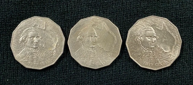 1970 AUSTRALIA 50 Fifty Cent Coin Captain Cook Bicentenary x 3 ...