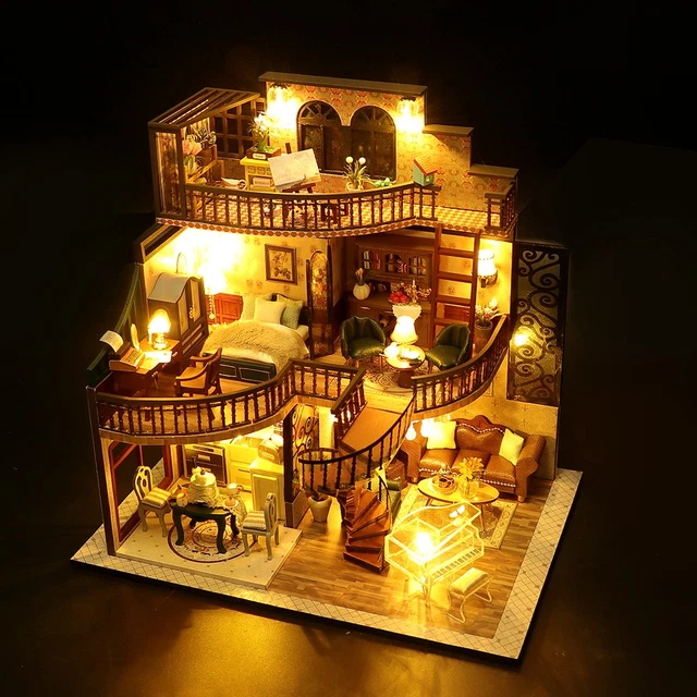 ASSEMBLE MINIATURE DOLLHOUSE with Realistic Lights and Furniture £24.95 ...