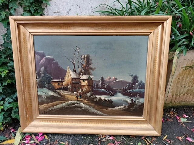 TABLEAU ANCIEN HUILE sur toile paysage de neige EUR 220,00 - PicClick FR