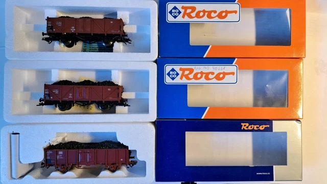 ROCO HO 2X 46039, 56277 3er Set offene Güterwagen mit Kohleladung MKK ...