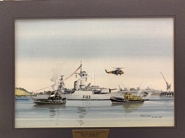 ORIGINAL TONY WARREN Watercolour Painting Farewell To HMS Falmouth 1984 ...