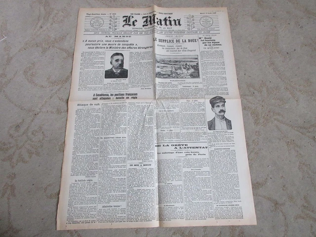 PRESSE FAC SIMILE 38 Le MATIN 13.08.1907 MAROC ATTAQUE à CASABLANCA PEKIN-PARIS EUR 5,00 ...