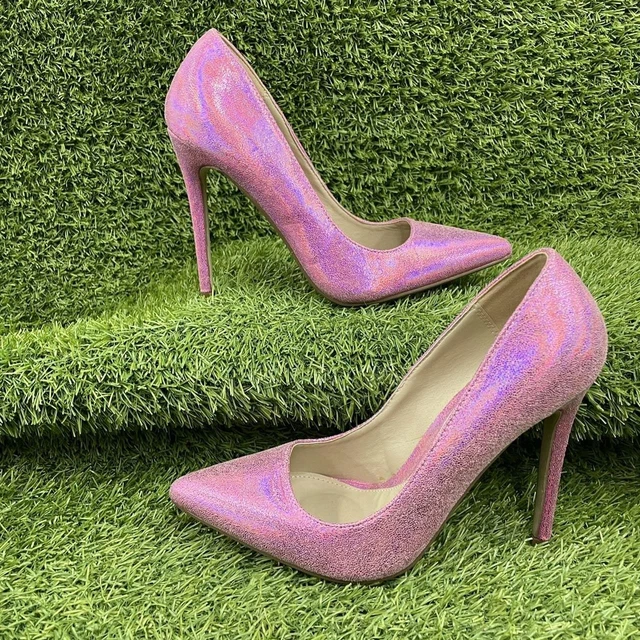 MISSGUIDED PINK SHIMMER HIGH HEELS METALLIC SHINY POINTED TOE STILETTO ...