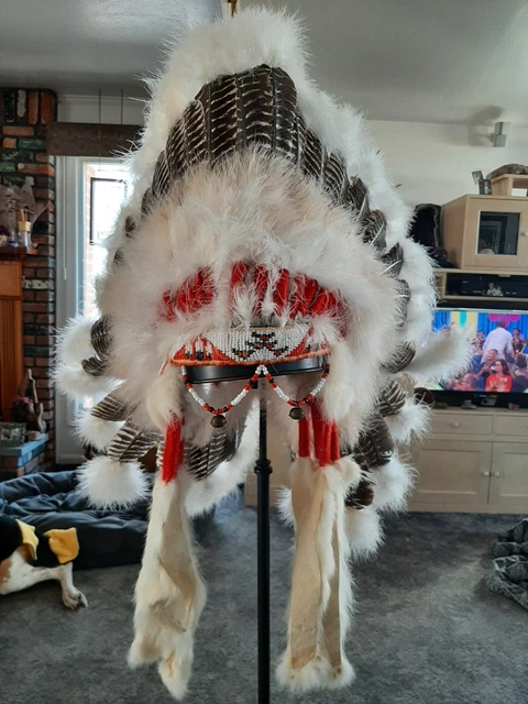 BEADED NATIVE AMERICAN Feather Indian Headdress Handmade with Natural ...