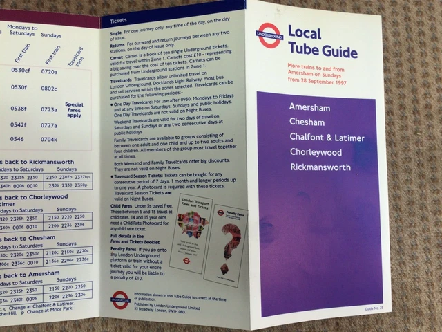 LONDON TRANSPORT TUBE Guide Amersham 1997 Underground Diagram Of Lines ...