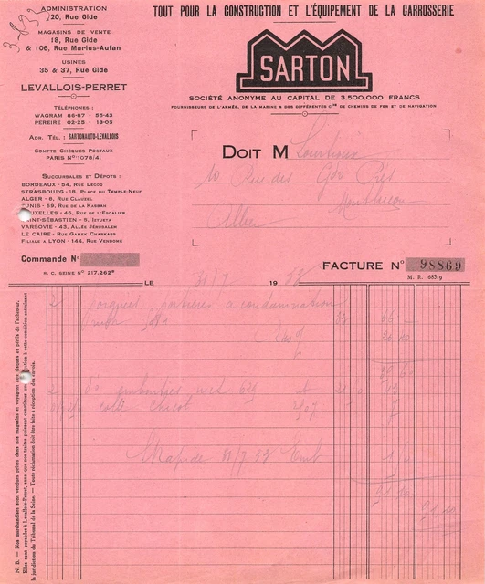 FACTURE 1933 Equipement De Carrosserie Sarton A Levallois Perret - M ...