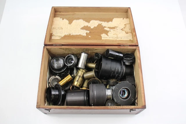 ASSORTED ANTIQUE BRASS Camera Lenses & Microscope Lenses w/ Wooden Box ...