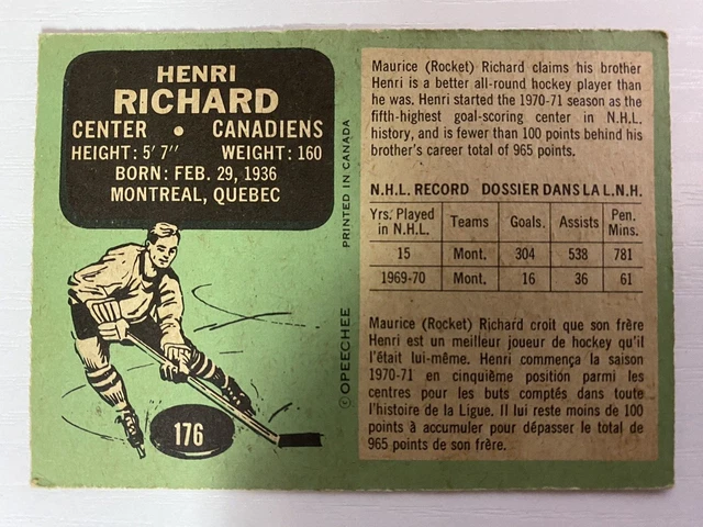 1970-71 O-PEE-CHEE HENRI Richard #176, Montreal Canadiens, Hall of ...