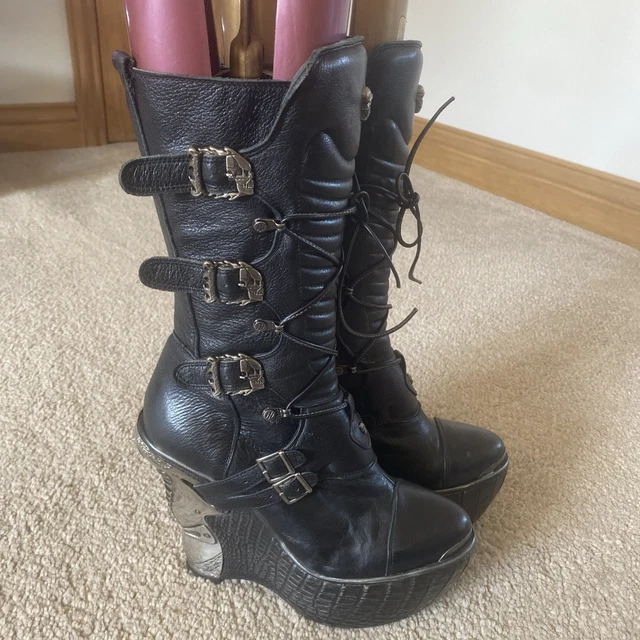 STUNNING NEW ROCK wedge metal heel Knee high Boots UK 7 EU 40 Goth ...