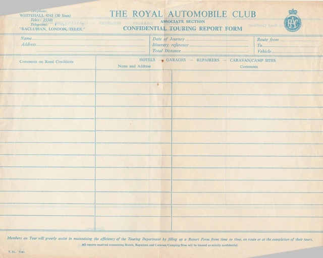 RAC ROYAL AUTOMOBILE Club Confidential Touring Report Form 1950-60’s ...