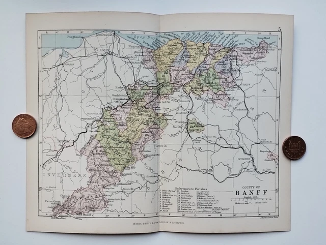 ANTIQUE/VINTAGE COUNTY MAP of BANFF, Scotland - Phillips Handy Atlas ...